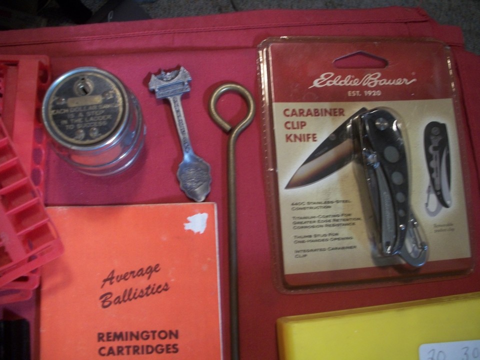 Junk Drawer Lot of Knives, Gun Related Items, Bank, Cartradge Holders ...