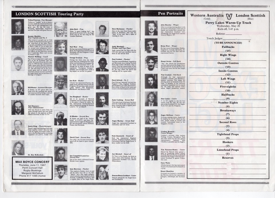 Rugby Union Programme WA vs Middlesex & London Scottish Perry Lakes ...