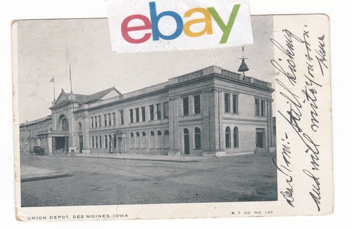 1907 DES MOINES IOWA UNION RAIL DEPOT TRAIN STATION VINTAGE POSTCARD IA ...