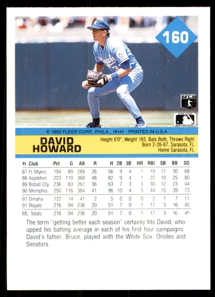 1992 Fleer David Howard Baseball Cards #160 | eBay