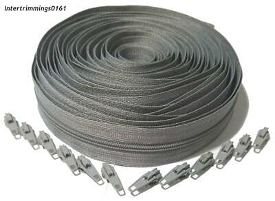 No3 CONTINUOUS CHAIN ZIP & SLIDERS, UPHOLSTERY, LIGHT GREY | eBay