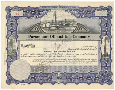 Paramount Oil and Gas Company. Stock Certificate. Nevada. 1919 | eBay
