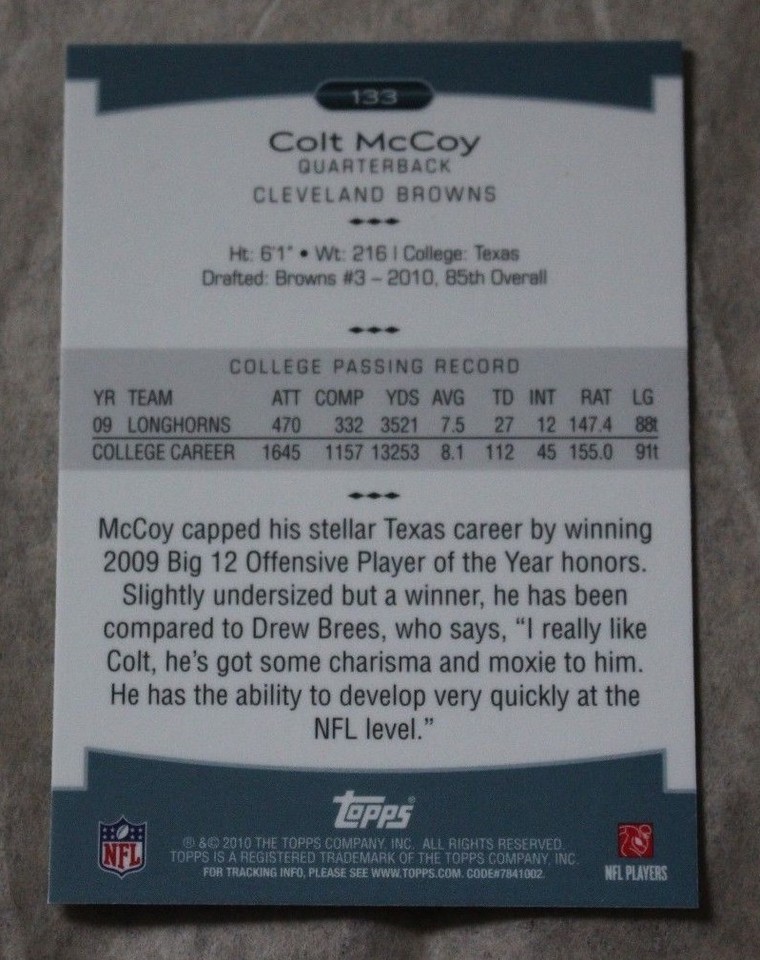 2010 Topps Platinum Colt McCoy Cleveland Browns Rookie Card #133 | eBay