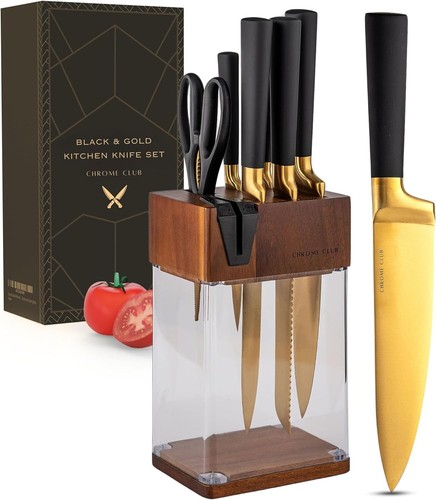 7 Piece Gold Kitchen Knife Set with Durable Clear Knife Block and ...