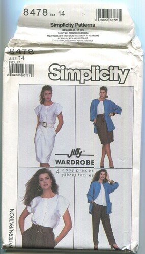 SIMPLICITY 8478 MISSES' TOP, SKIRT, PANTS & UNLINED JACKET SZ 14 UNCUT ...