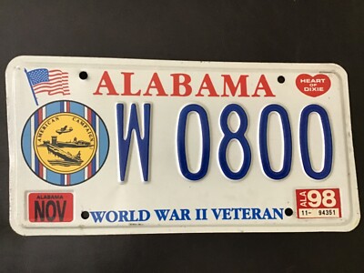 1998 Alabama World War II Veteran License Plate Tag Specialty American ...