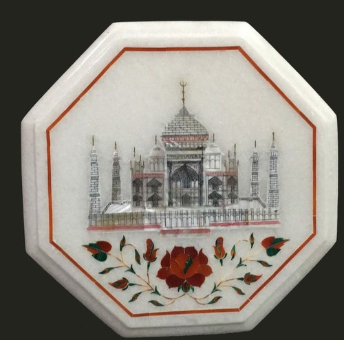 12" white marble Table Top multi stones Taj Mahal inlay marquetry work ...