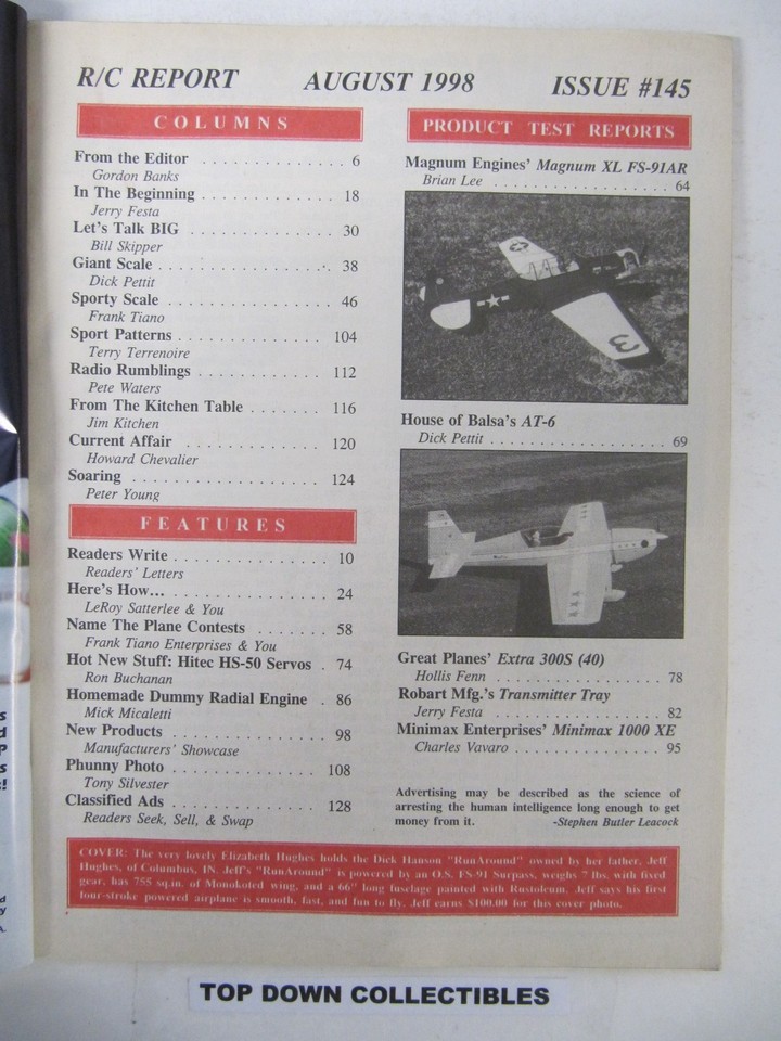 RC Modeler Magazine August 1998 Jeff Hughes. Run Around Cover Photo | eBay