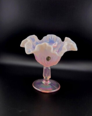 Vintage Fenton Pink Glass Opalescent Compote Candy Dish w/ Ruffled Edge ...