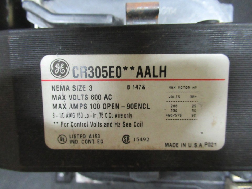GE CONTACTOR CR305E0**AALH NEMA SIZE 3 600 VAC 100 AMP 50 HP 480 VOLT ...
