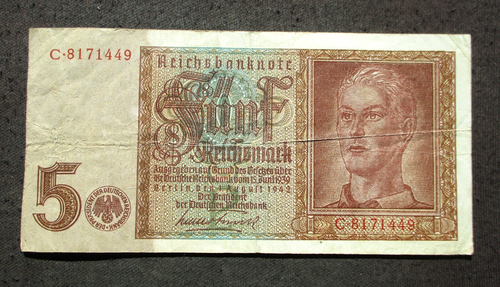 OLD BANKNOTE OF THIRD REICH GERMANY 5 REICHSMARK 1942 WORLD WAR II C ...