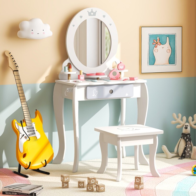 Kids Makeup Table & Chair Set Girl Vanity Storage Drawer Desk W ...