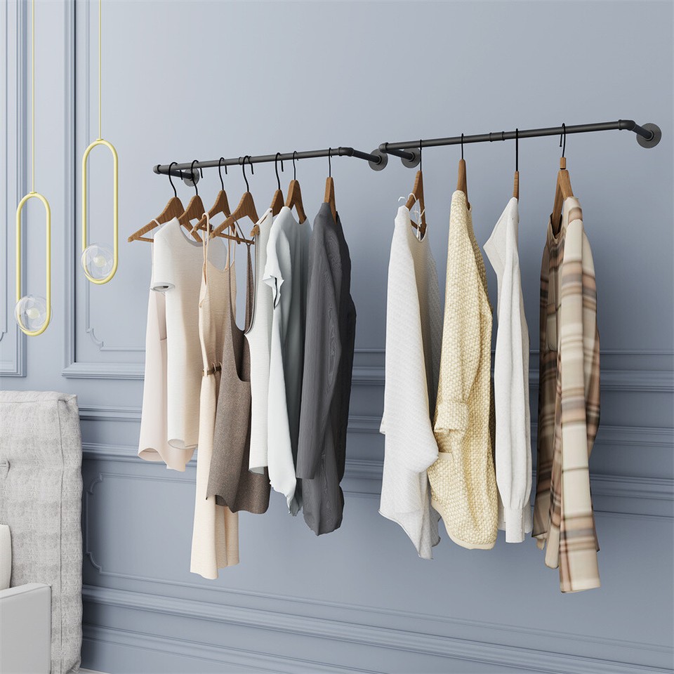 2PC Pipe Clothes Rack Wall Mounted Industrial Garment Bar Hanging Rod ...