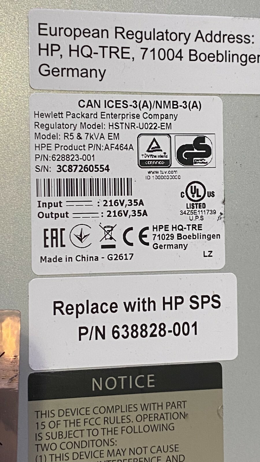 HP R5000 / R7000 EBM - HSTNR-U022-EM 638828-001 - new cells - 12m RTB ...