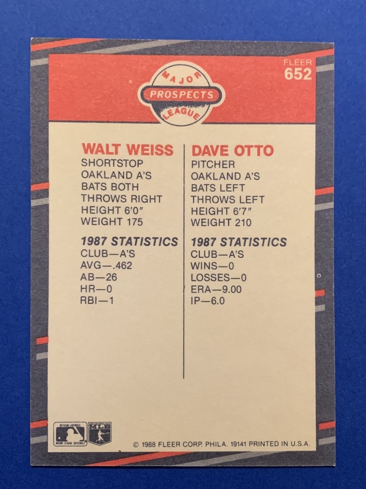 WALT WEISS (AL ROY) (A’s 1989 WS CHAMP) ROOKIE Signed 1988 Fleer ...