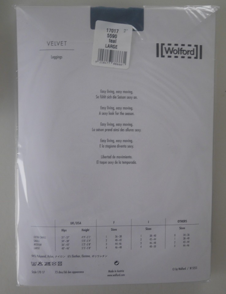 New & OVP: Wolford Velvet (66 Den) Leggings! Size: L! Color: Teal ...