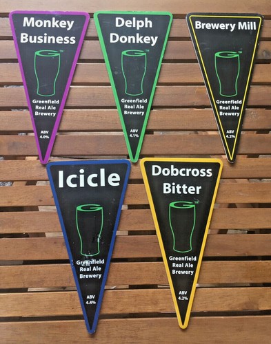 Greenfield Real Ale Brewery 5 x badge beer pumpclip lot CAMRA Hand Pull ...