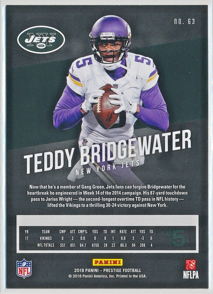 2018 Panini Prestige - Teddy Bridgewater - New York Jets - GREEN - #63 ...