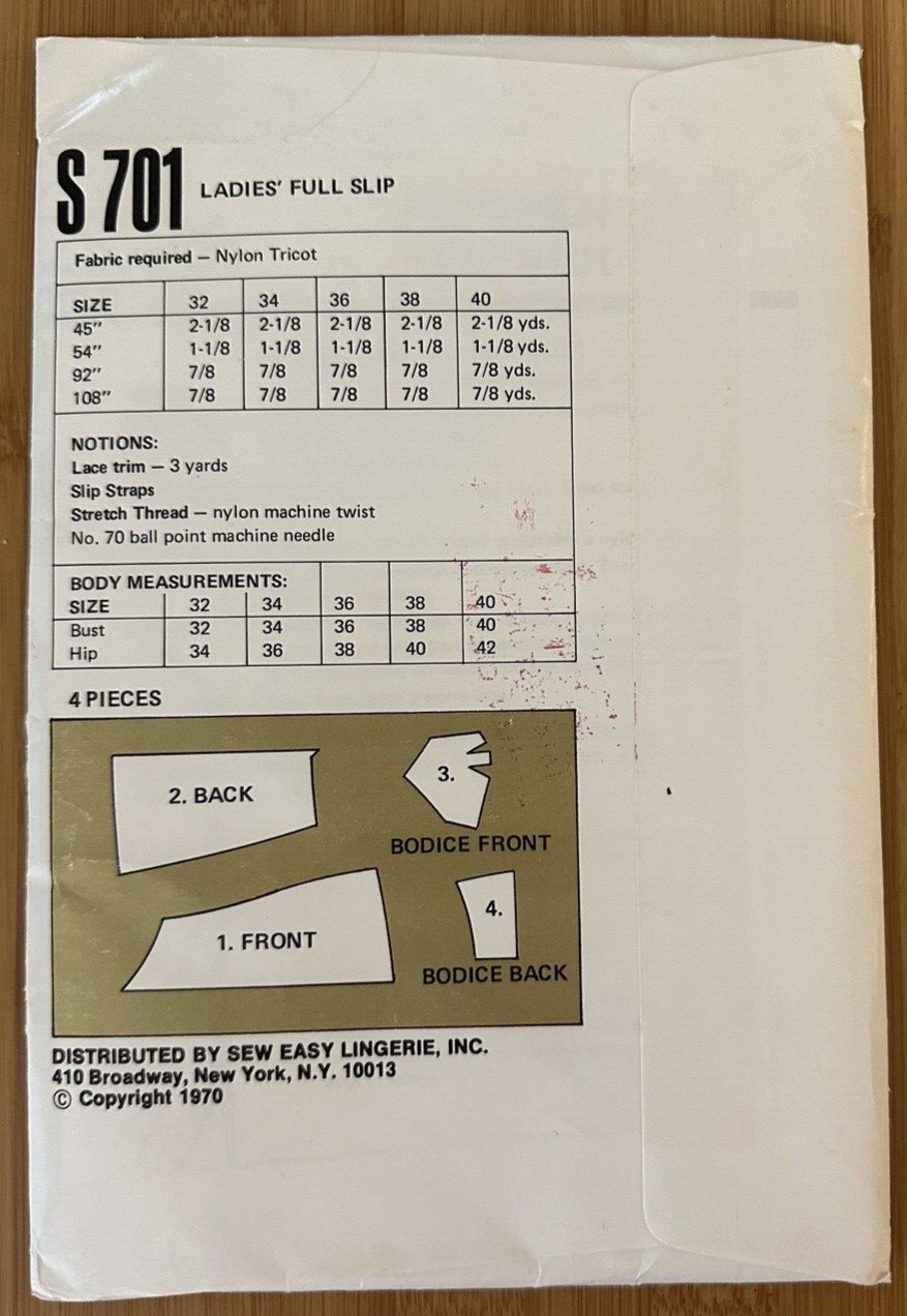 Ladies Full Slip Pattern Sew Lovely S701 Uncut Includes Sizes 32 to 40 ...