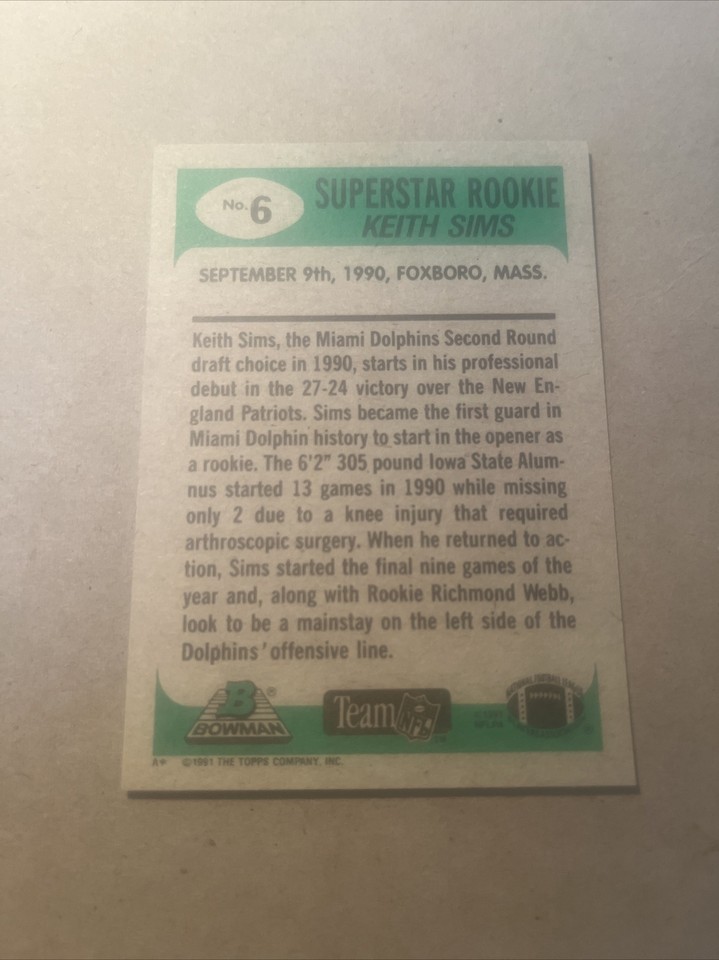 1991 Bowman Keith Sims RC Rookie #6 Miami Dolphins 🐬 Iowa State ...
