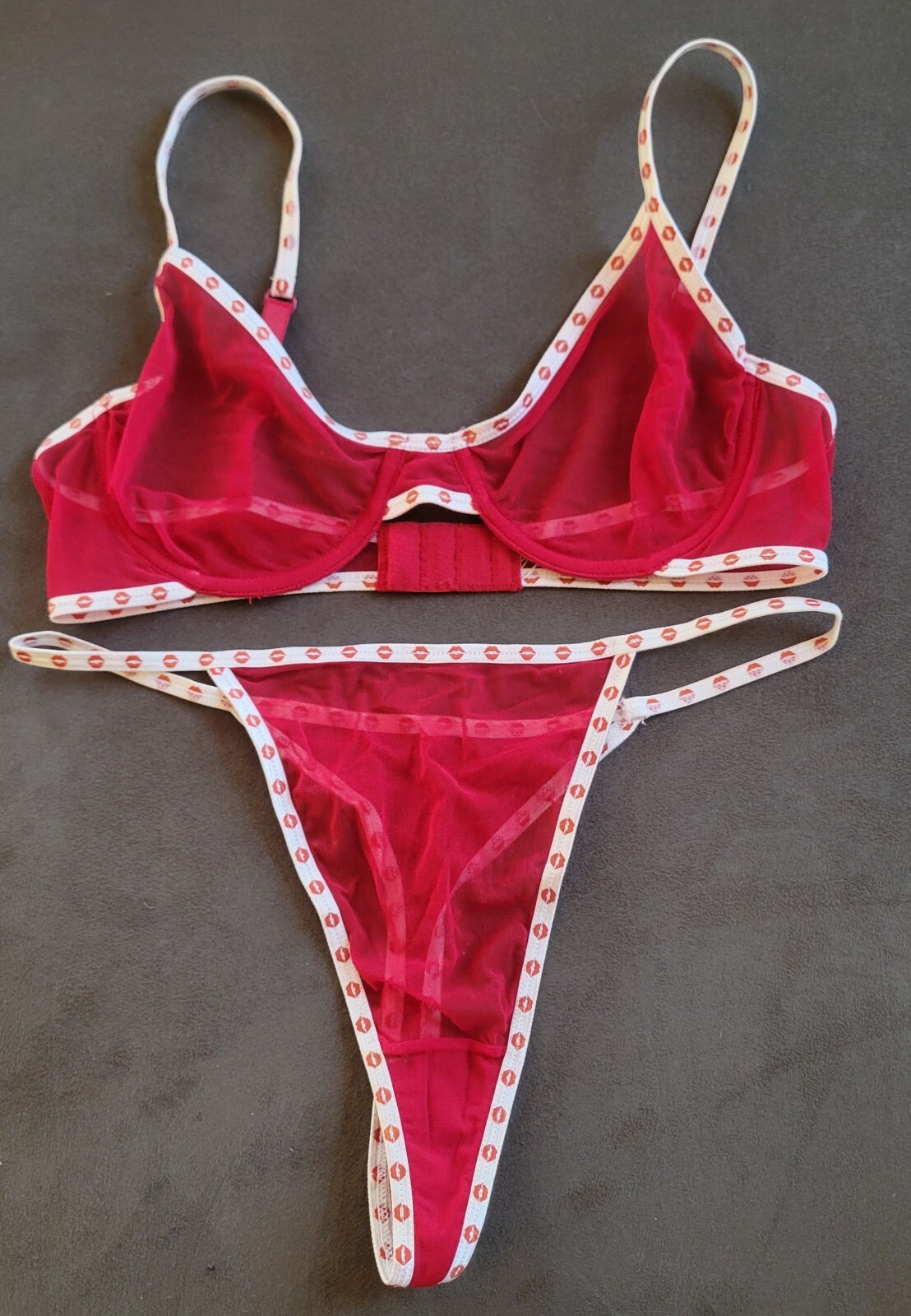 Vintage Sheer Red with Red Lips Trim Bra & Panty Set - Gem