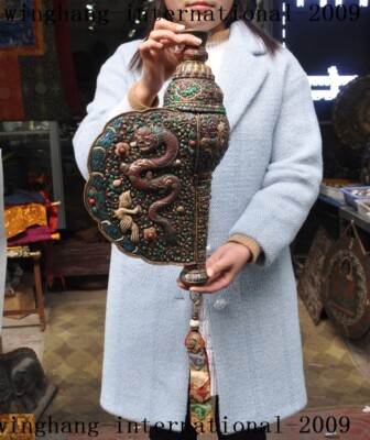 18"Conch Bronze Painted inlay gem Dragon horse Elephant Conch Trumpet ...