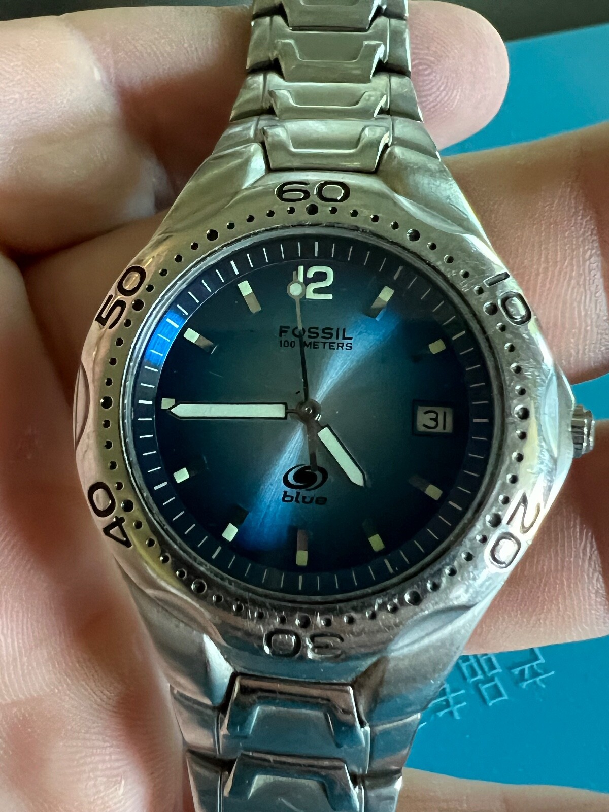 VINTAGE+Fossil+Blue+Men%27s+Watch+Silver+Tone+Blue+Dial+AM-3475+AS+IS ...