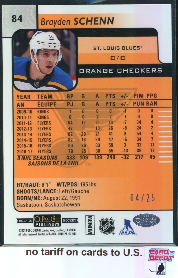 2017-18 O-Pee-Chee Platinum Orange Checkers #84 Brayden Schenn 04/25 | eBay