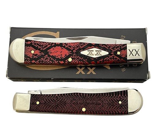 Case XX USA Red Bone Diamondback Snake Skin 1/500 Trapper Pocket Knife ...