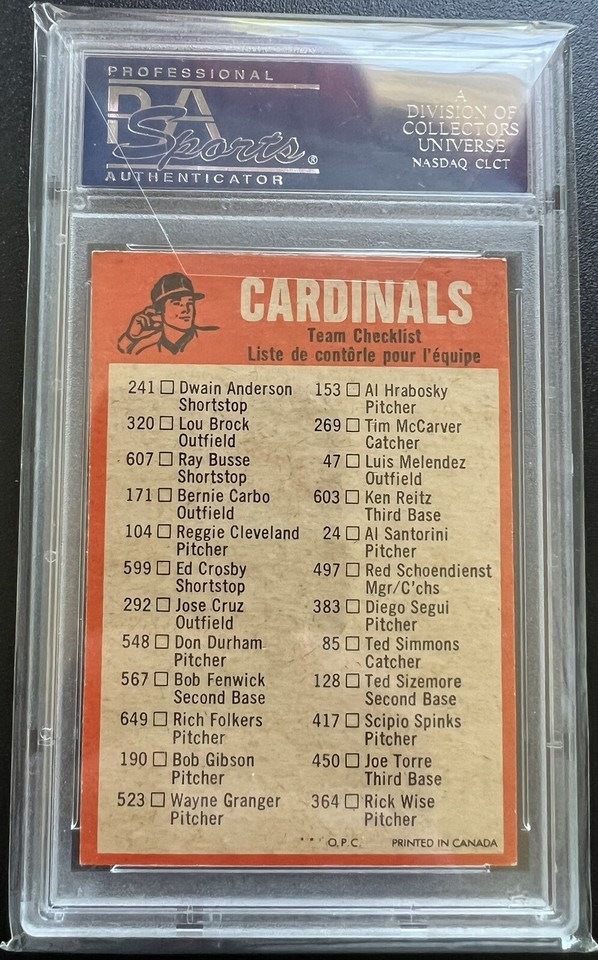 1973 OPC O-Pee-Chee Cardinals Team PSA 7 Lou Brock Bob Gibson St. Louis ...