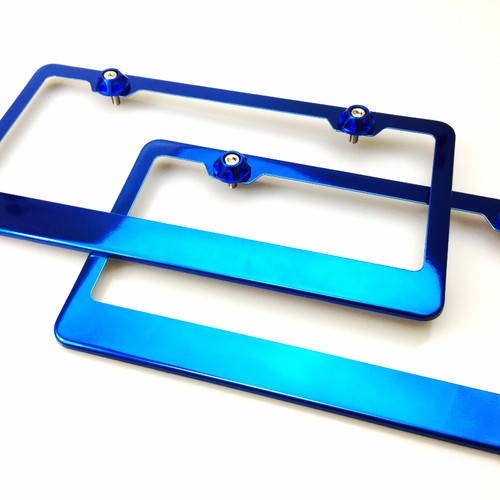 2 Powder Coating Blue Chrome Stainless Steel License Plate Frame w/Cap ...