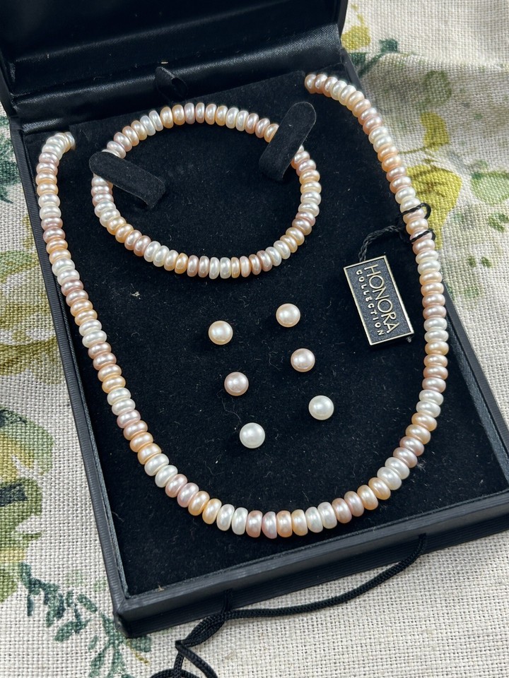 HONORA pink pearl necklace, stud earring and bracelet set NEW IN BOX ...