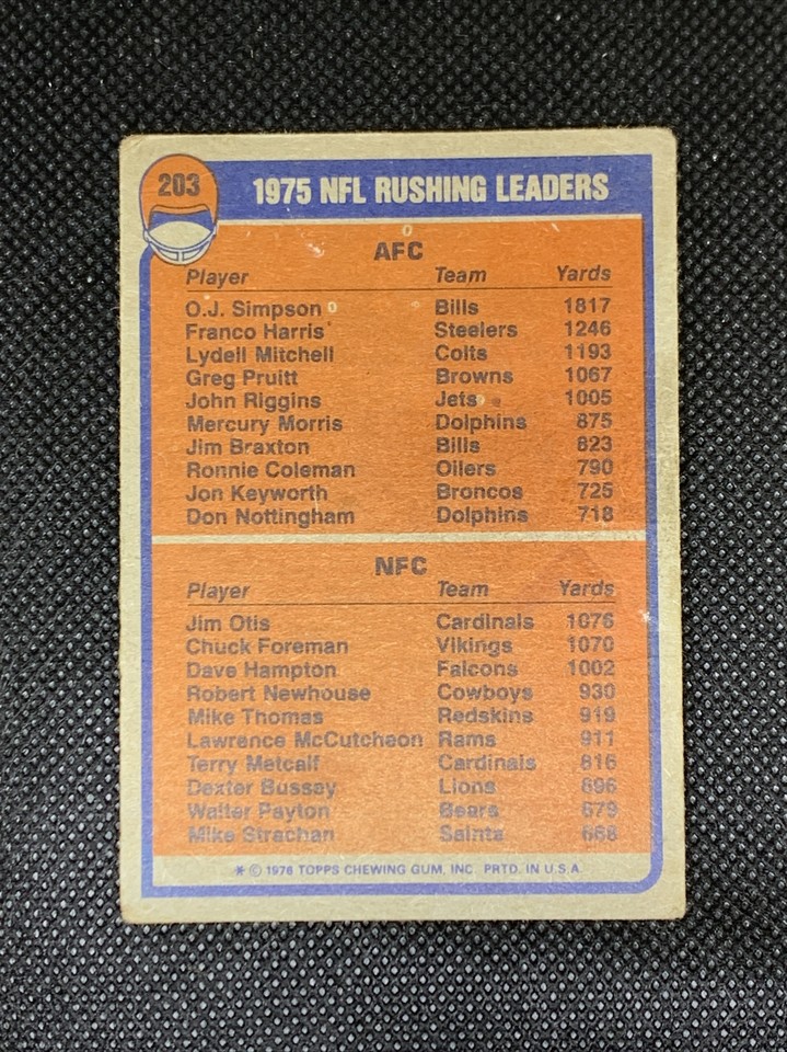 1976 Topps Football #203 1975 NFL Rushing Leaders OJ Simpson / Jim Otis ...