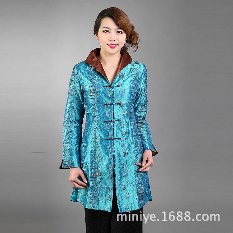 Chinese Traditional Long Jacket Women Silk Coat Lady Windbreaker Size M ...