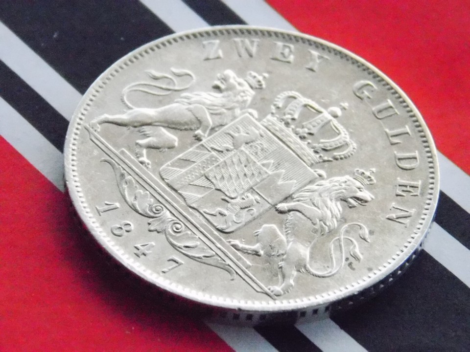 GERMAN 2 GULDEN 1847 States BAVARIA KING LUDWIG I. Silver Coin old ...