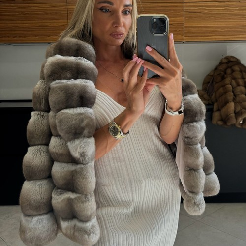 Fashion Women's Winter Chinchilla Coat Real Rex Rabbit Fur Jackets Warm ...