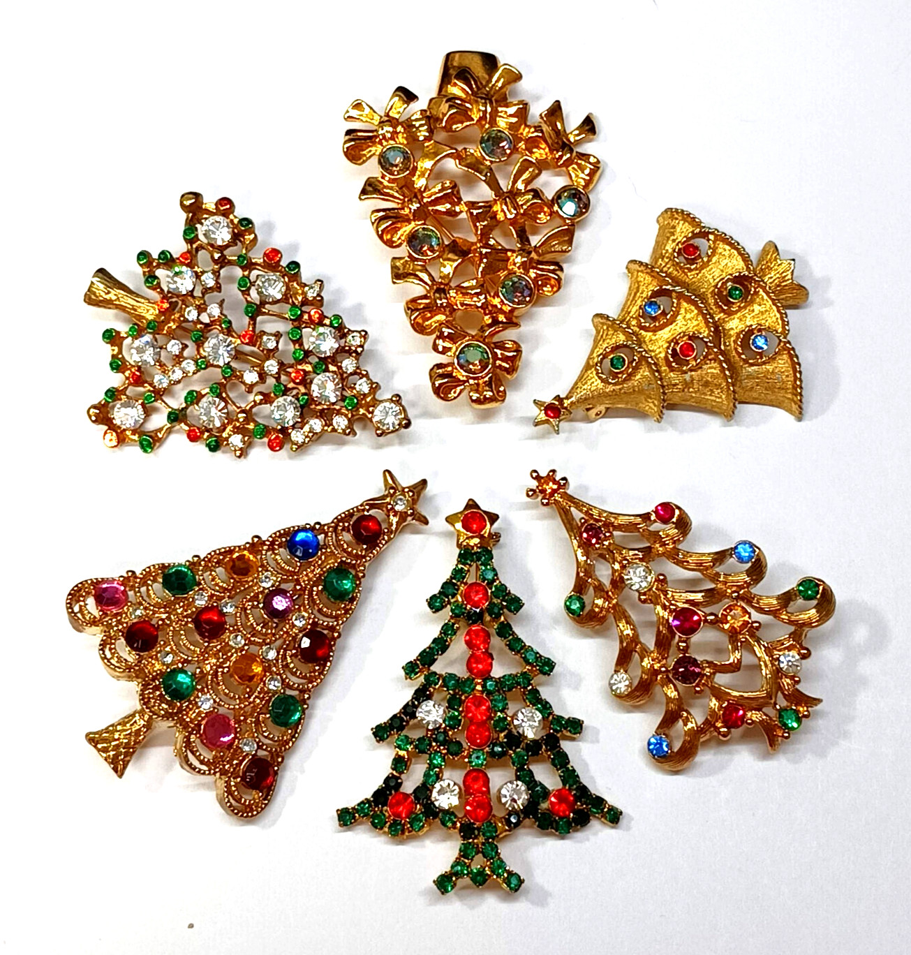 Vintage Rhinestone Christmas Tree Pin Brooch Lot Gold… - Gem