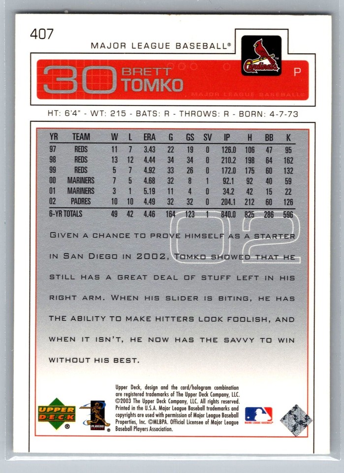 2003 Upper Deck Baseball #407 Brett Tomko St. Louis Cardinals | eBay