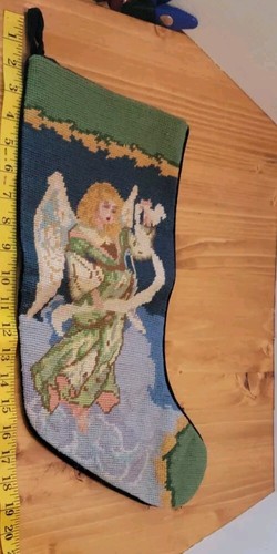 Needlepoint Christmas Stocking Angel Velour Holiday Decoration Navy | eBay