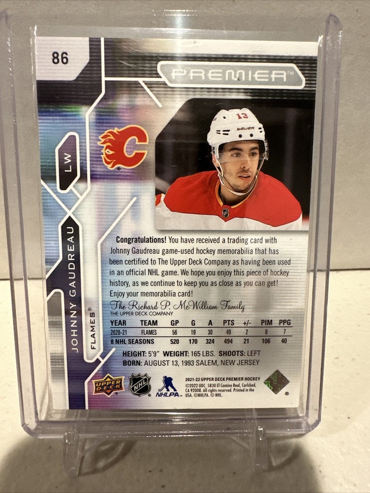 2021-22 Upper Deck Premier Hockey Johnny Gaudreau Premier Jersey Patch ...