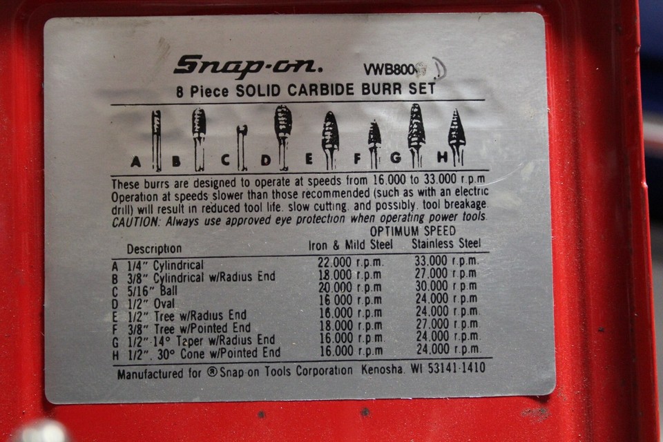 SNAP-ON TOOLS 8 pc Carbide Burr Set Grinding burrs VWB800D USA | eBay