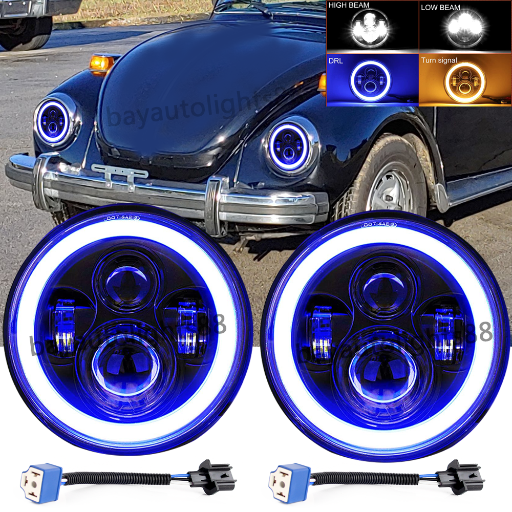 2×7"Inch Round LED Headlight Hi/Low Beam Blue Halo DRL Fit VW Beetle ...