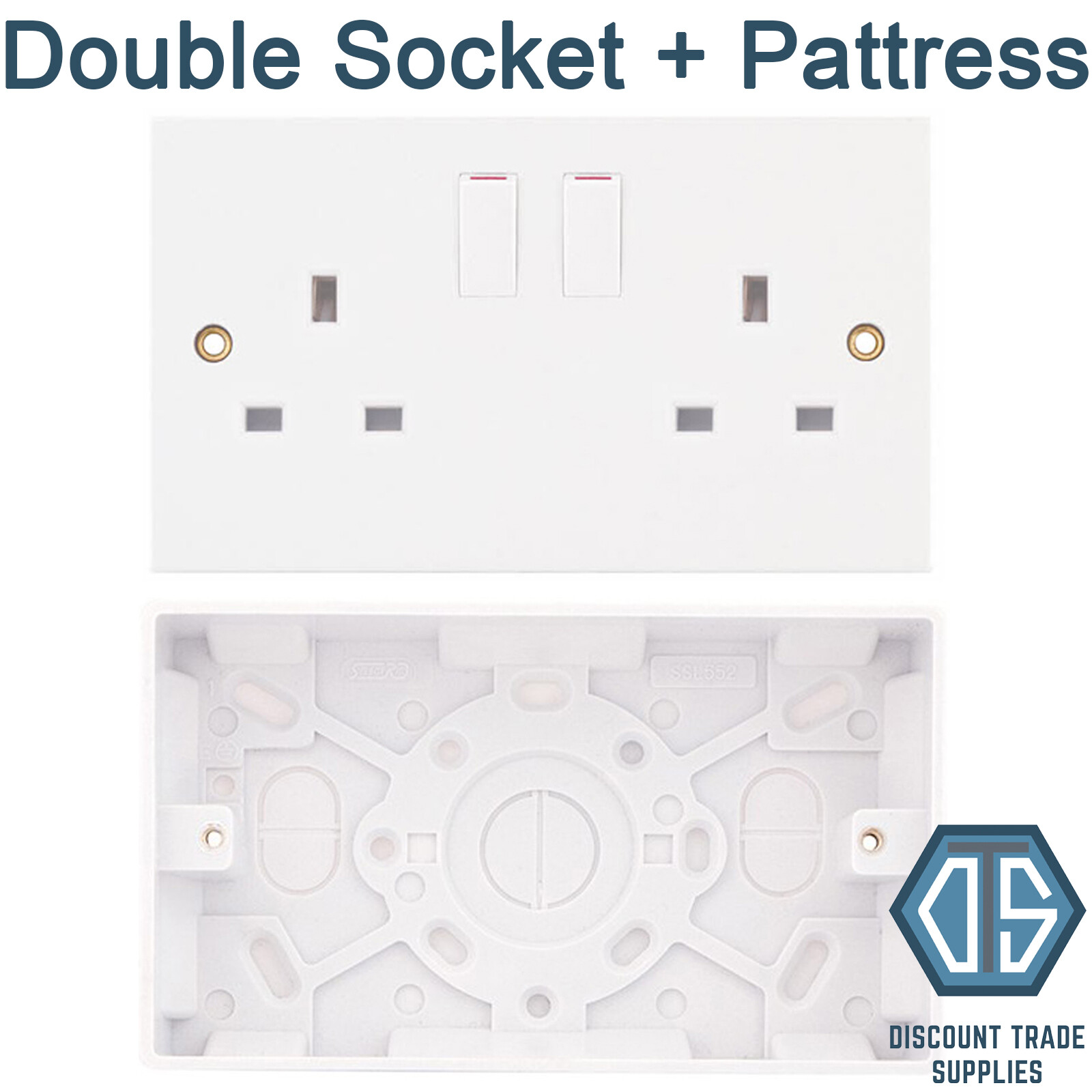 2 Gang White Twin Double Switched Wall Socket and 25mm Surface Pattress ...