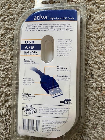 Ativa High Speed USB 2.0 Cable (USB A Plug / B Plug) 10 Ft Up to ...