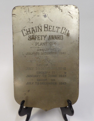 Milwaukee WI Rexnord Nordberg Rex Chain Belt Co. Safety Award Plaque ...