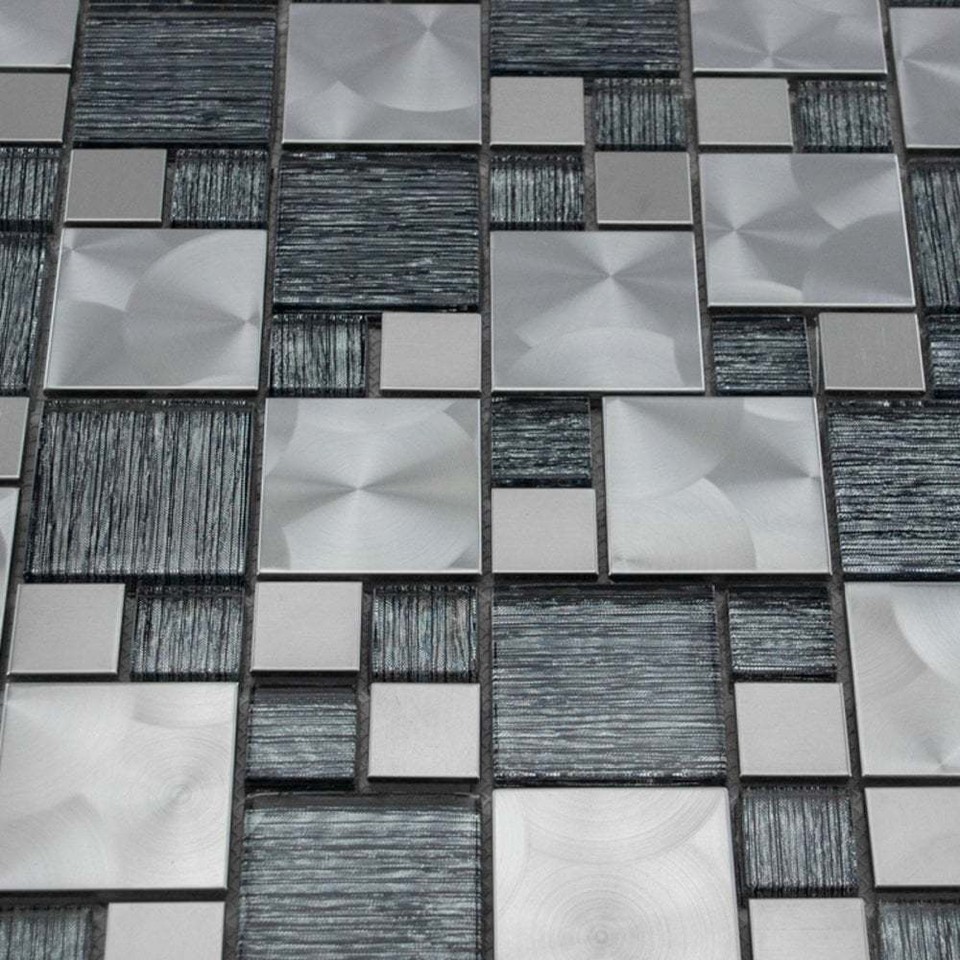 Luxury Textured Grey Glass & Brushed Steel Mix Mosaic Wall Tiles Sheet ...