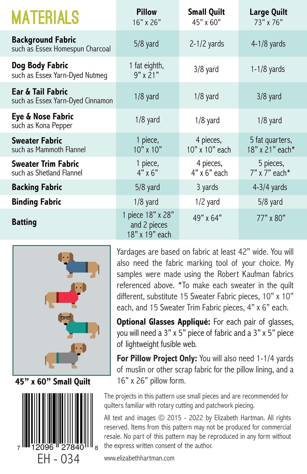 Dogs in Sweaters Quilt Pattern by Elizabeth Hartman | eBay