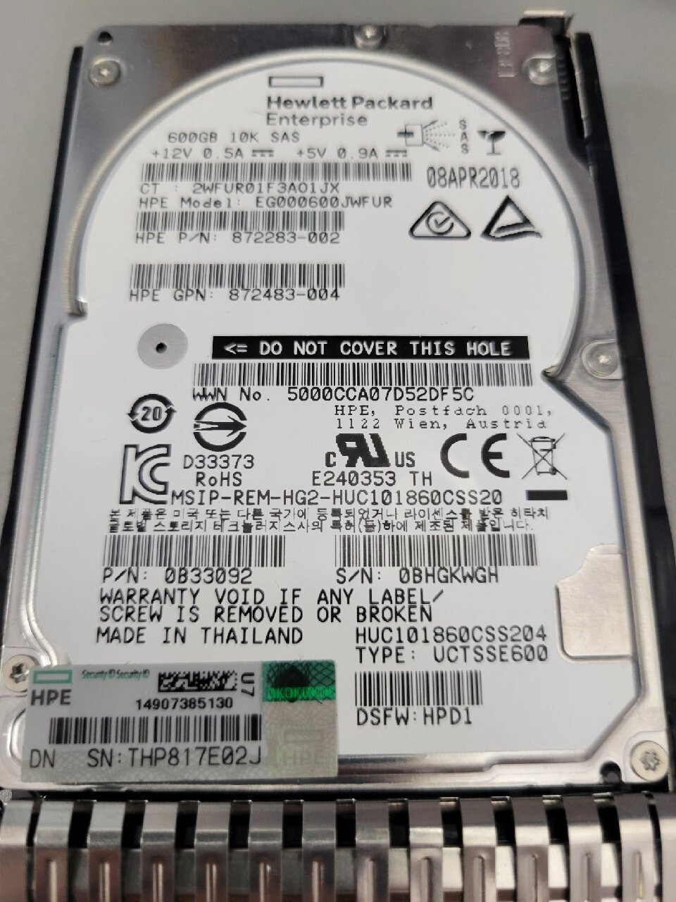 872736-001 872477-B21 HPE HP 600GB 10K 12G SFF 2.5" SAS ENTERPRISE SC ...
