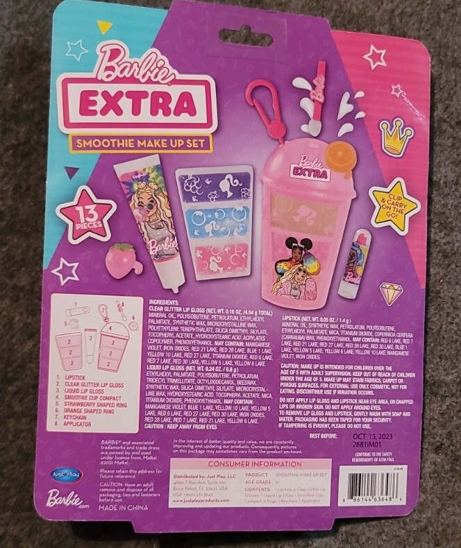 Barbie Extra Smoothie 13 pc Make up Set - Lip Gloss, Lipstick, Keychain ...
