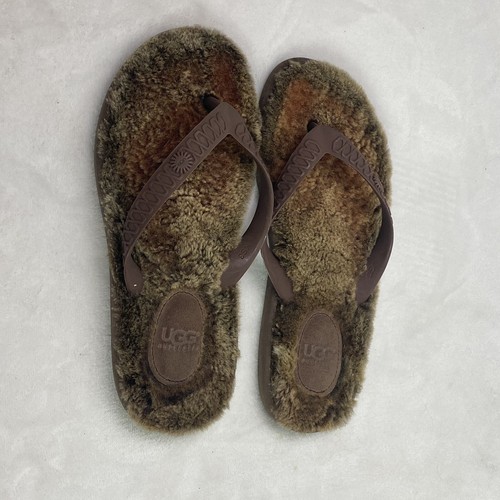 UGG Australia Fluffie Brown Fur Flip Flops Womens Size 6 Thong Summer Vacation | eBay